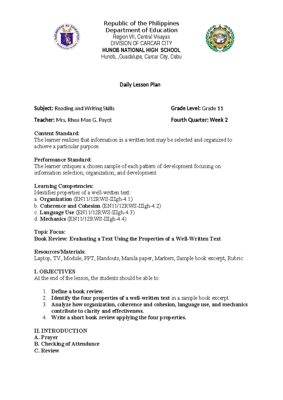 Grade 11 Reading & Writing Skills: Week 2 Book Review Lesson Plan - Studocu