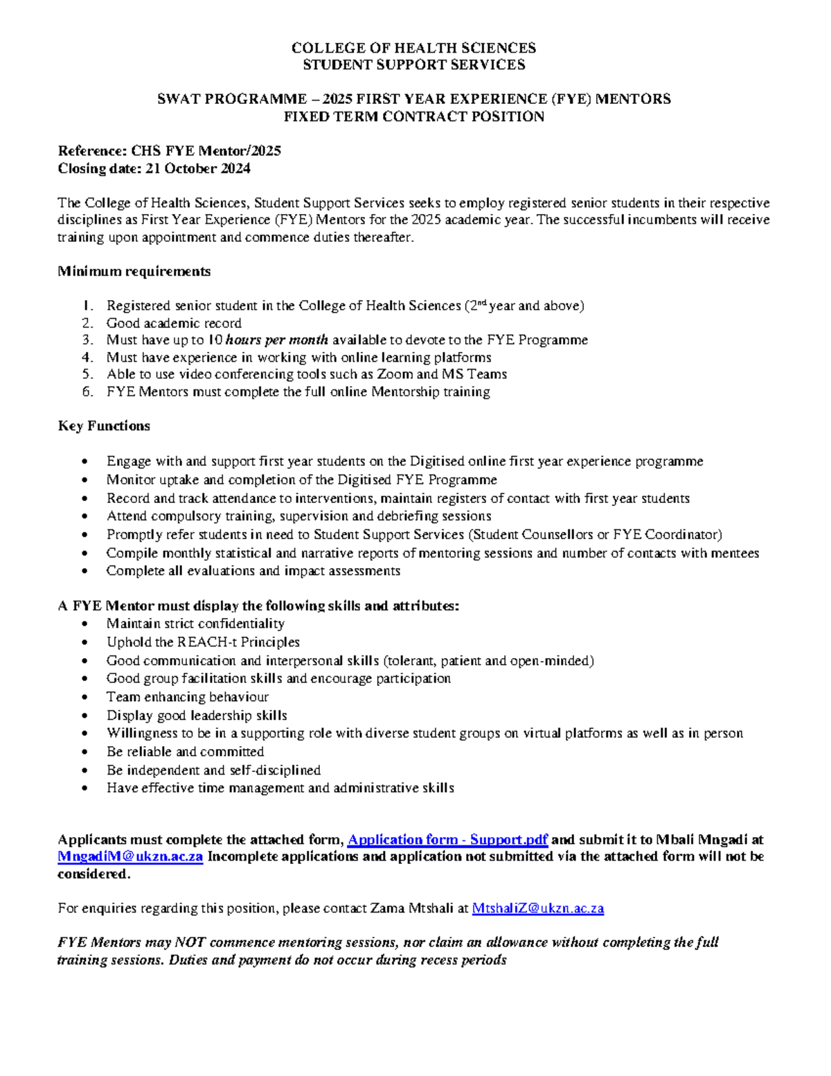 FYE Mentor CHS-2025 Job Advert for 1st Year Experience Support - Studocu