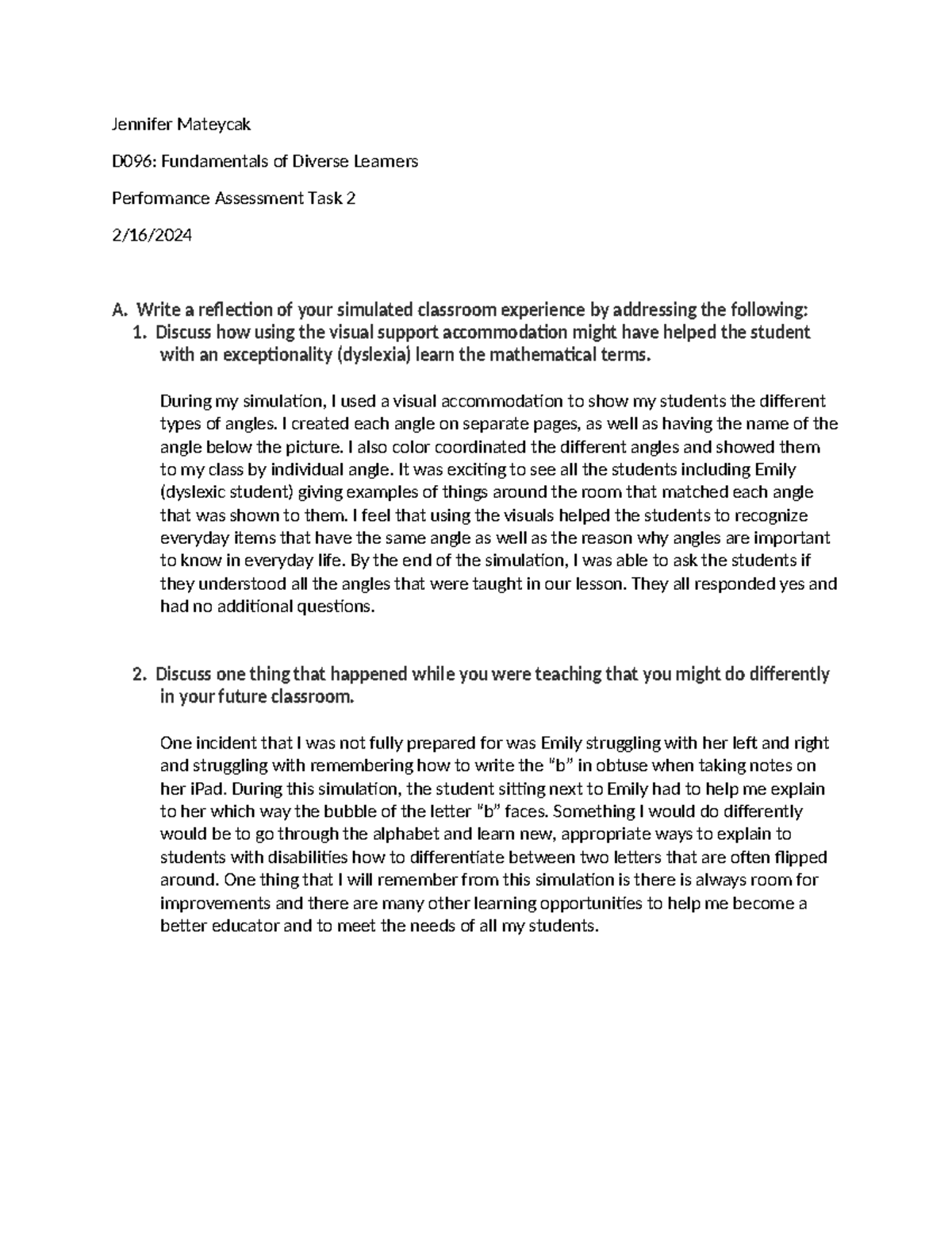 D096 - Reflection on Performance Assessment Task 2 Simulation ...