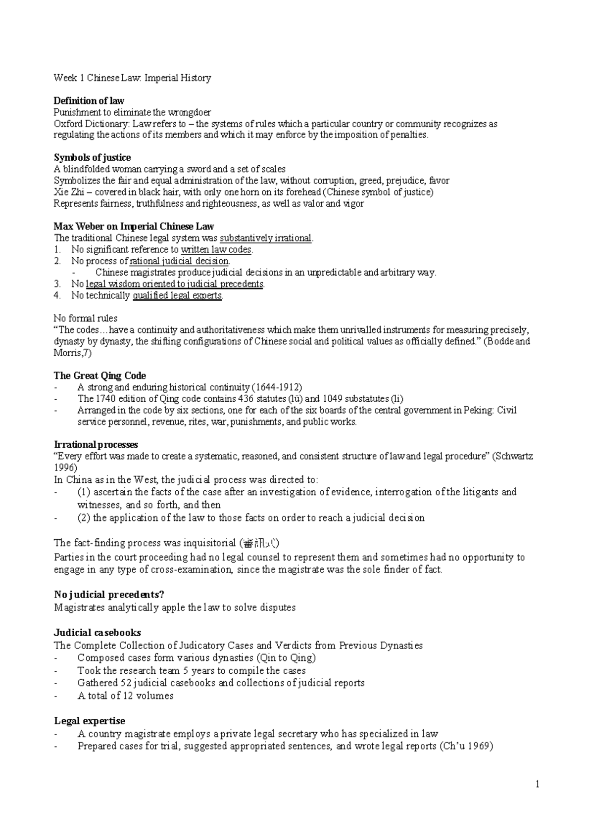 LAWS1030 Week 1: Overview of Chinese Law and Imperial History - Studocu