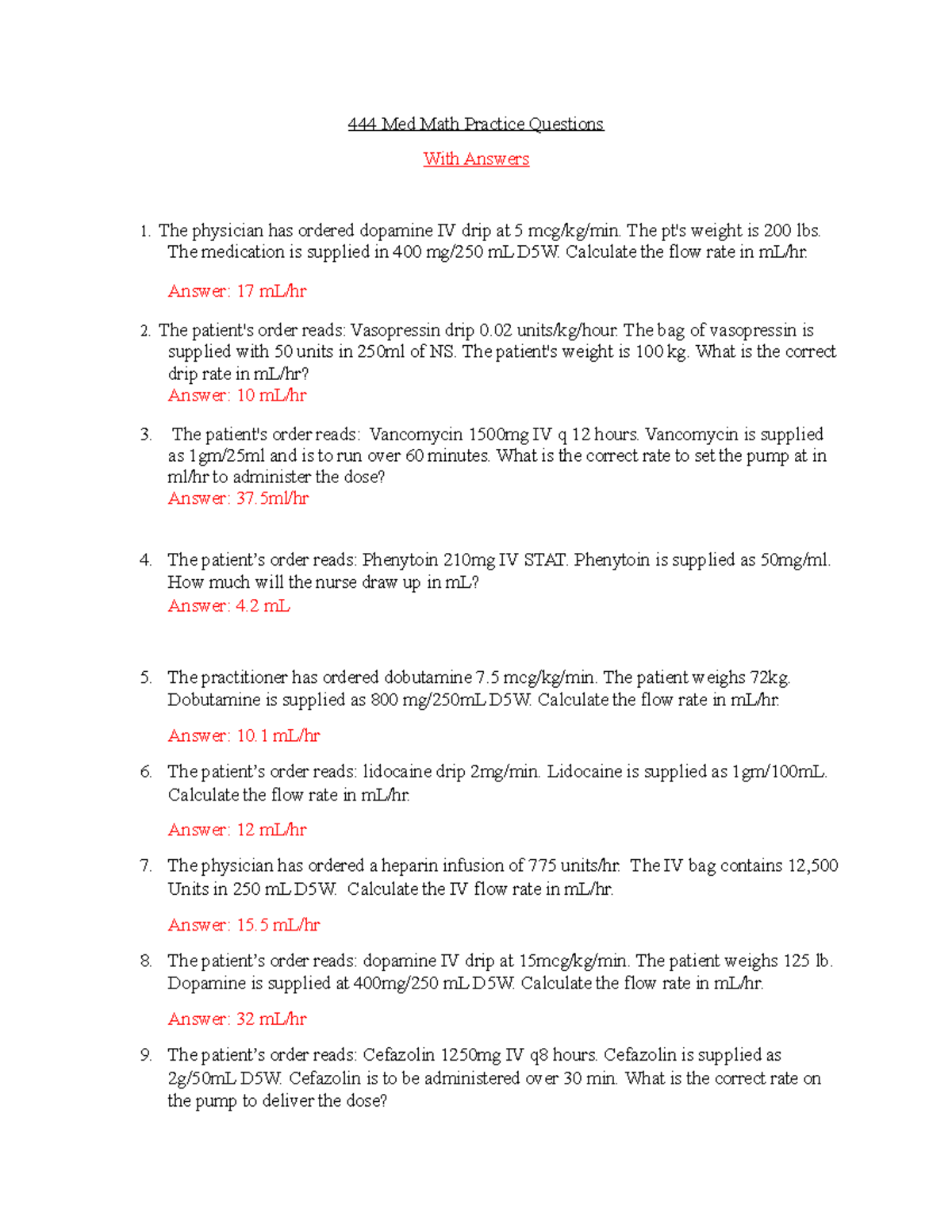 444 Med Math Practice Qs & Answers for Nursing Students - Studocu