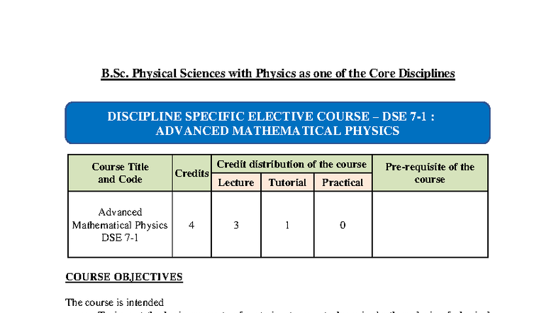 DSE: Advanced Mathematical Physics Syllabus Overview - Studocu