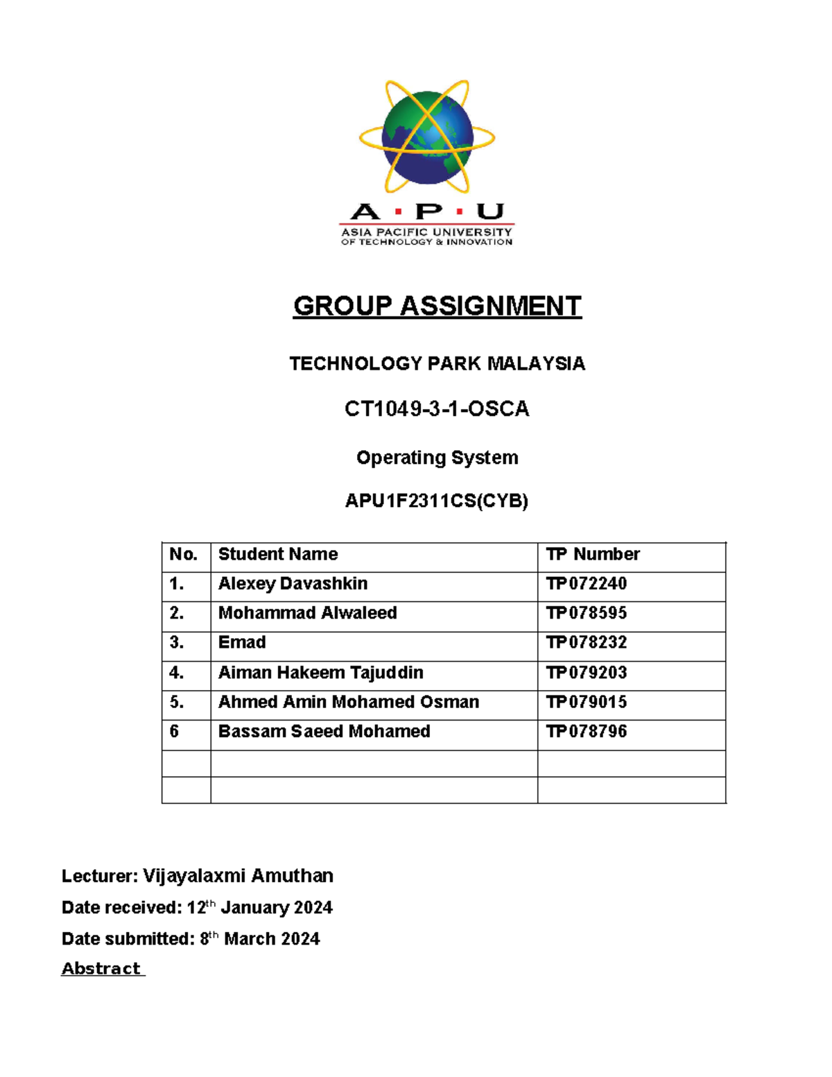 Group Assignment (OSCA) - Operating System - GROUP ASSIGNMENT ...