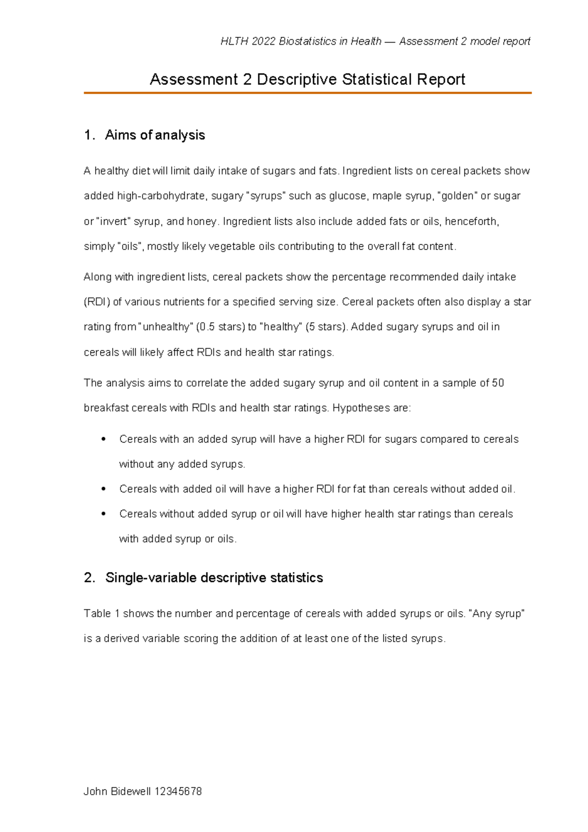 Assessment 2 Model Descriptive Statistical Report HLTH2022 Bi H ...
