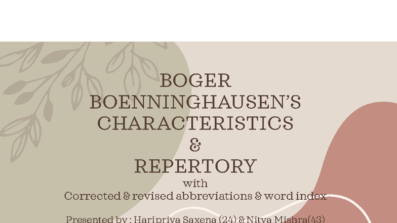 BOGER CHARACTERISTICS REPERTORY (BBCR) - A Comprehensive Overview - Studocu