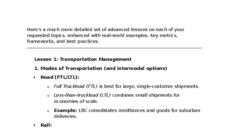 Distribution Management Chapter 3: Advanced Lessons on Transportation ...