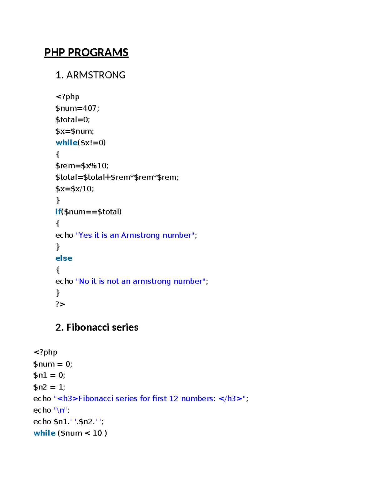 PHP Programs: Armstrong, Fibonacci, and Array Operations - Studocu