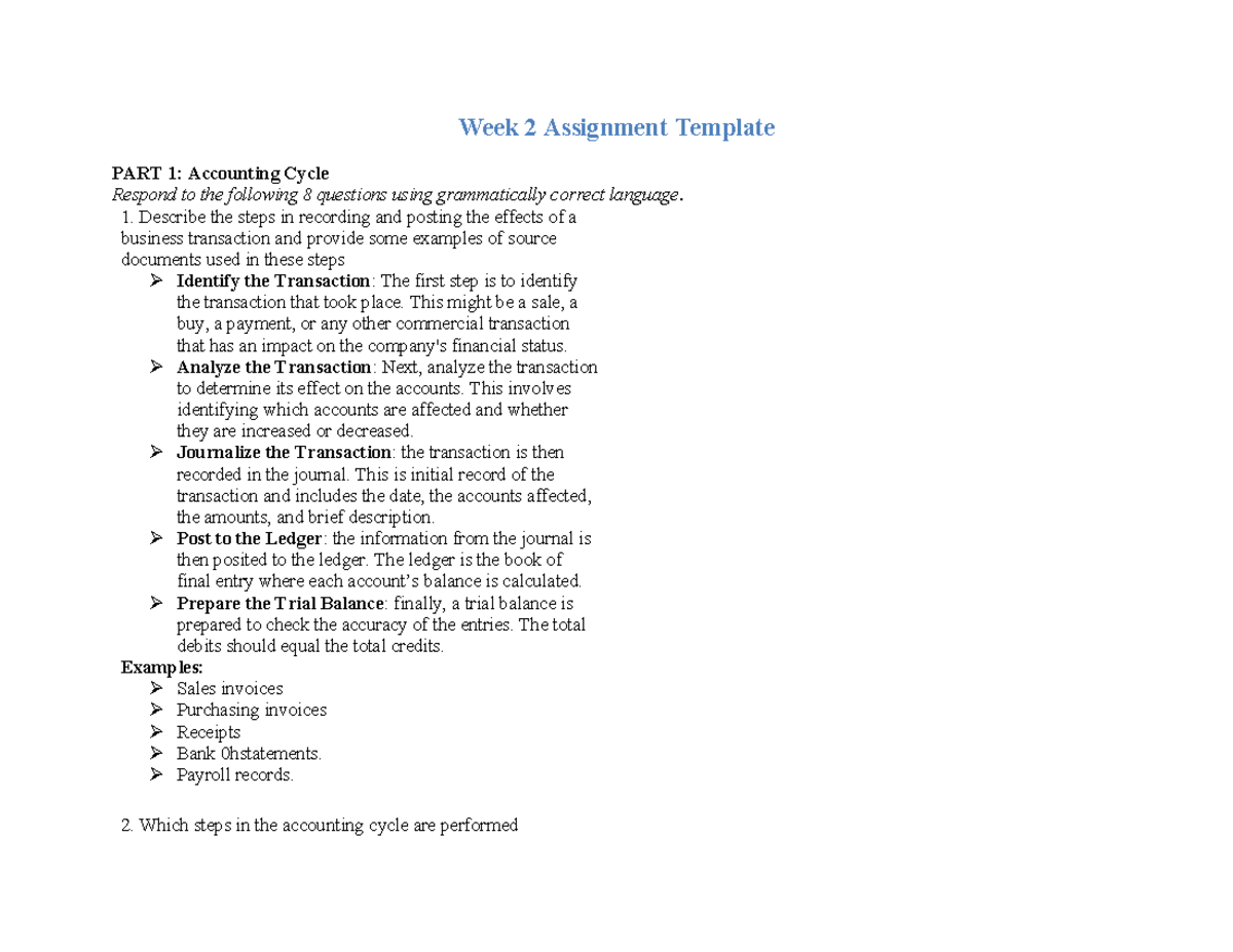 BUS3061-WEEK 2 Assignment: Accounting Cycle & Journal Entries Guide - Studocu