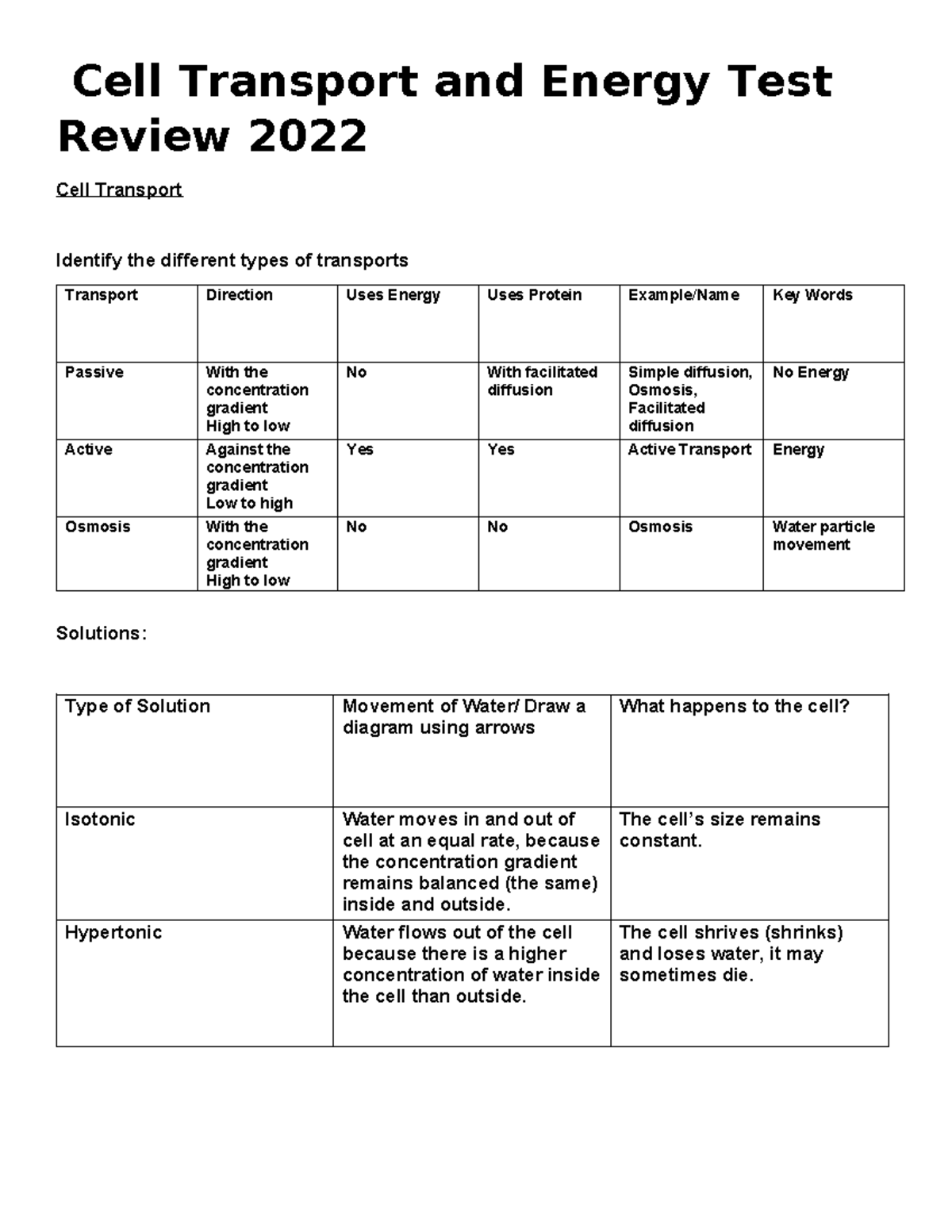 Cell Transport and Energy Test Review Honors - Cell Transport and ...
