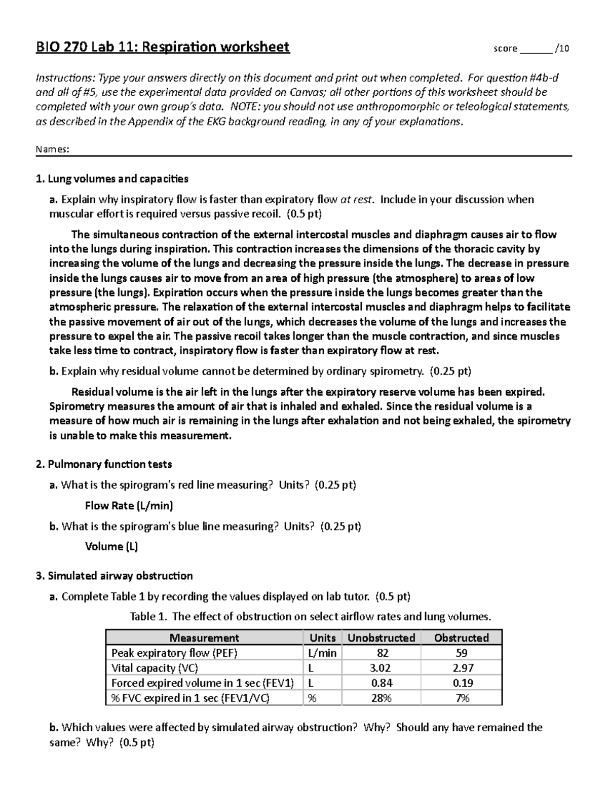 Lab 11 Respiration worksheet - For question #4b-d and all of #5, use ...