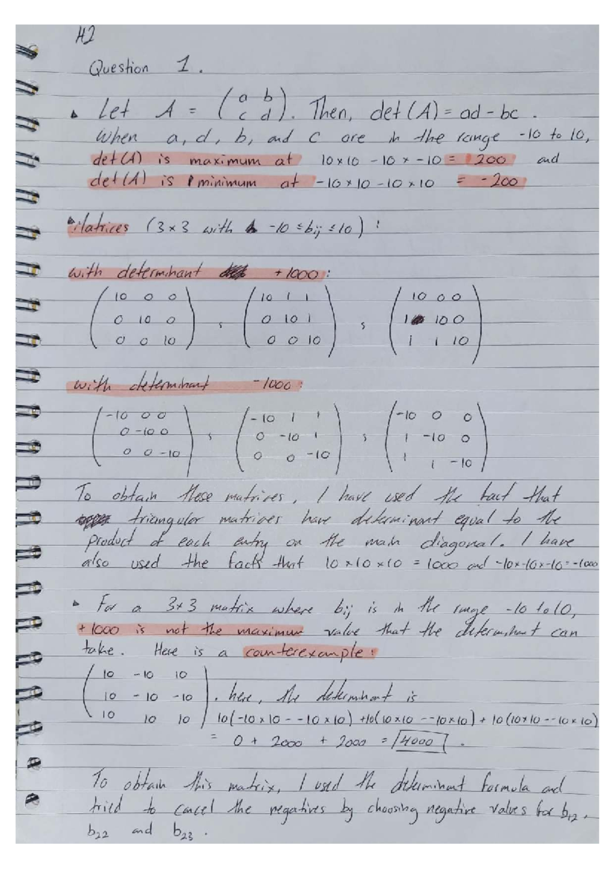 H2 Q1 - Determinant Analysis of 3x3 Matrices - Studocu