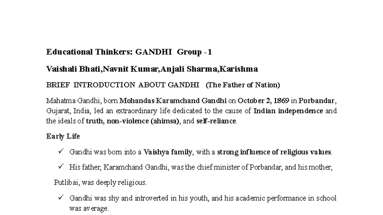 Educational Thinkers: Gandhi's Philosophy and Nai Talim Insights - Studocu