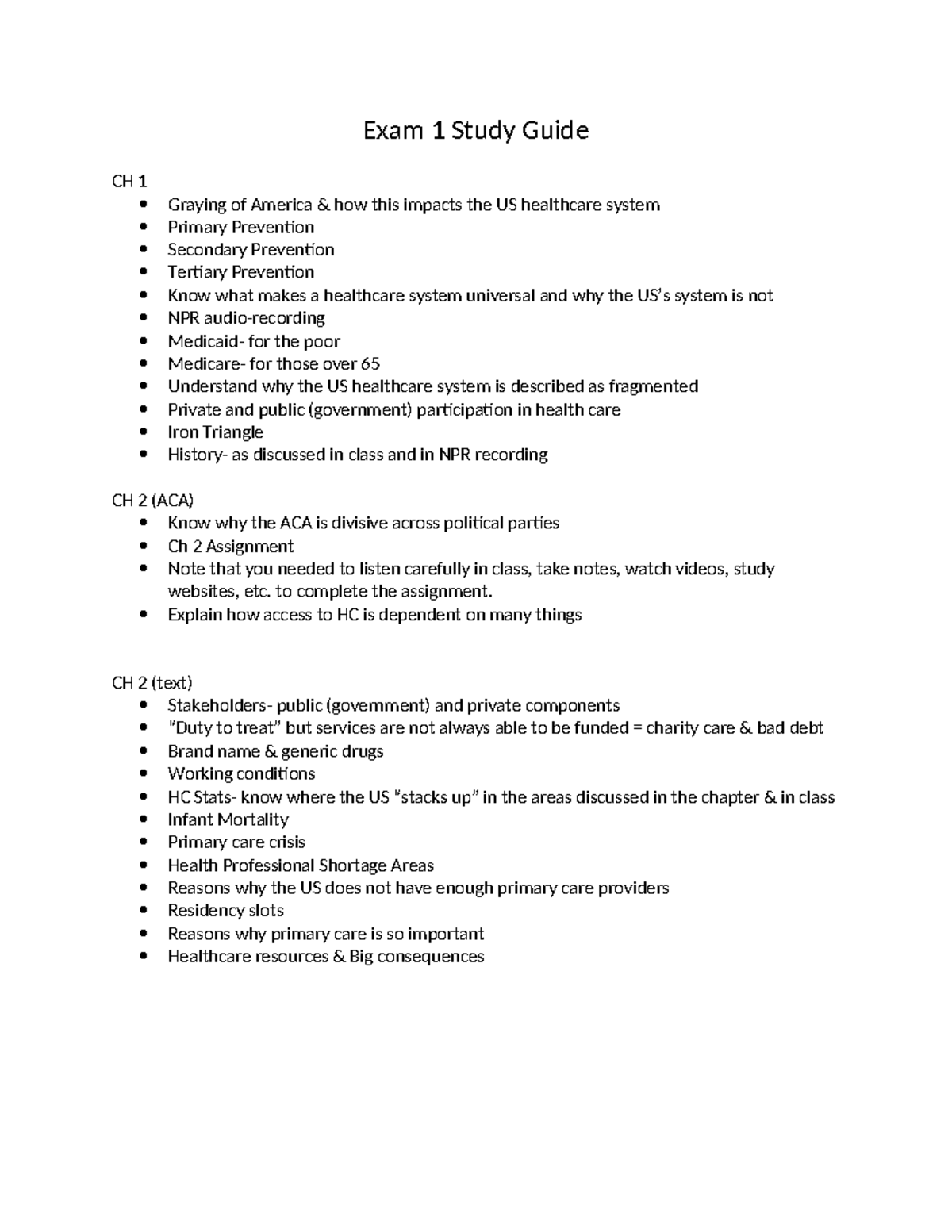 Healthcare System Study Guide (Exam 1) - CH 1 & CH 2 Insights - Studocu