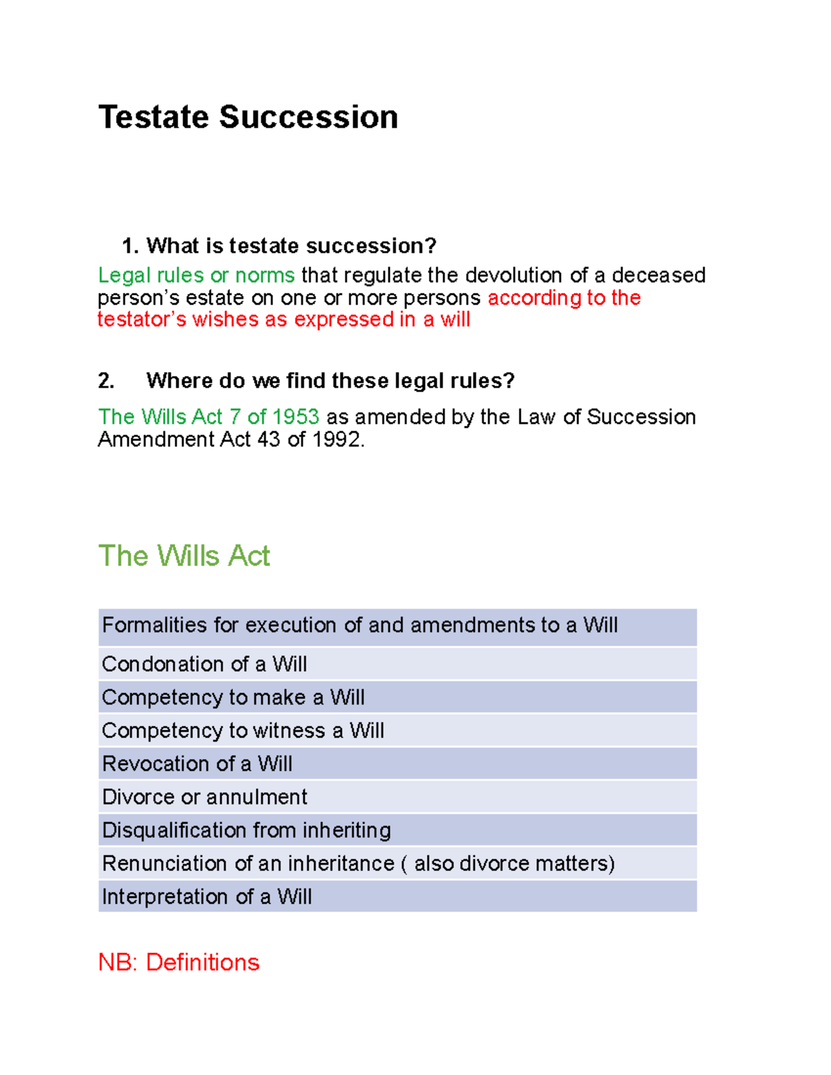 Law of Succession Term 2 - Testate Succession Overview and Key Concepts ...