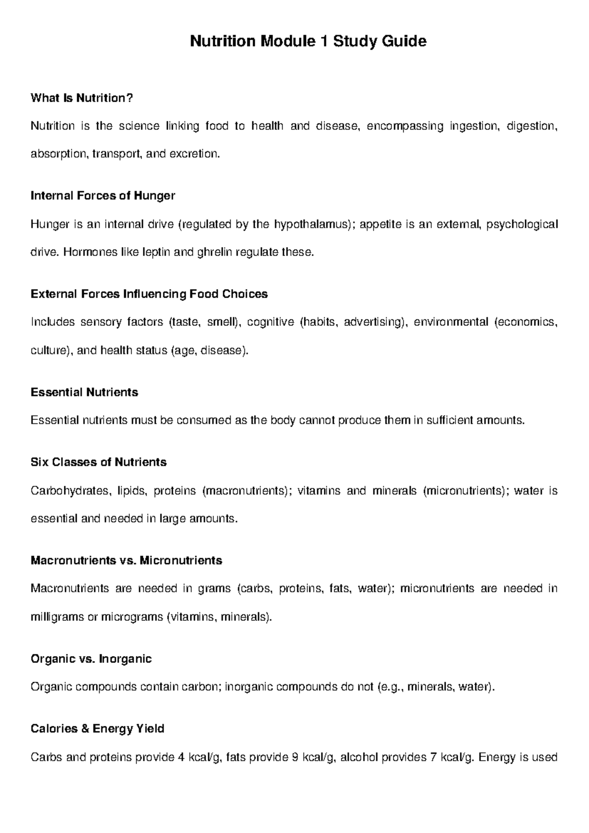 Nutrition 101: Module 1 Study Guide on Essential Nutrients and Health - Studocu