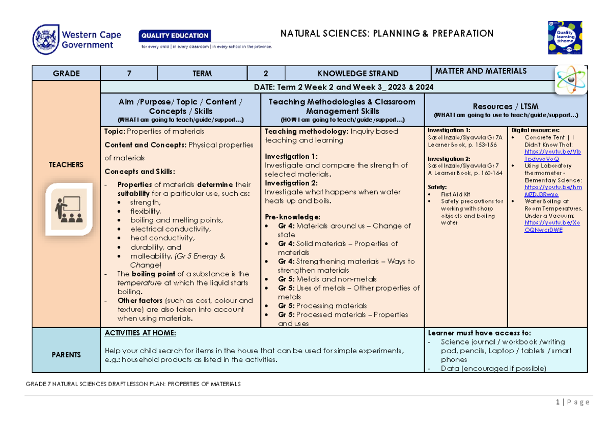 Lesson Plan: Gr. 7 Natural Sciences T2 W2 & W3 - Properties of ...