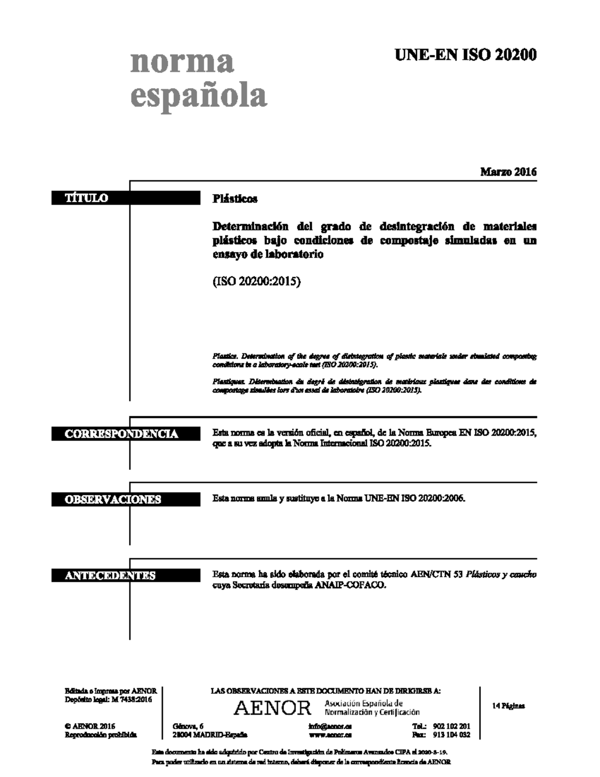 Norma ISO 20200:2015 - Desintegración de Plásticos en Compostaje - Studocu