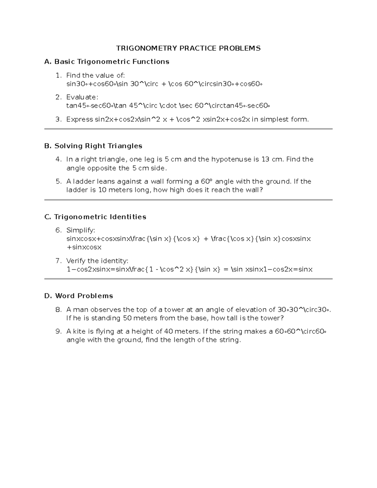 TRIG 101: Trigonometry Practice Problems and Solutions - Studocu