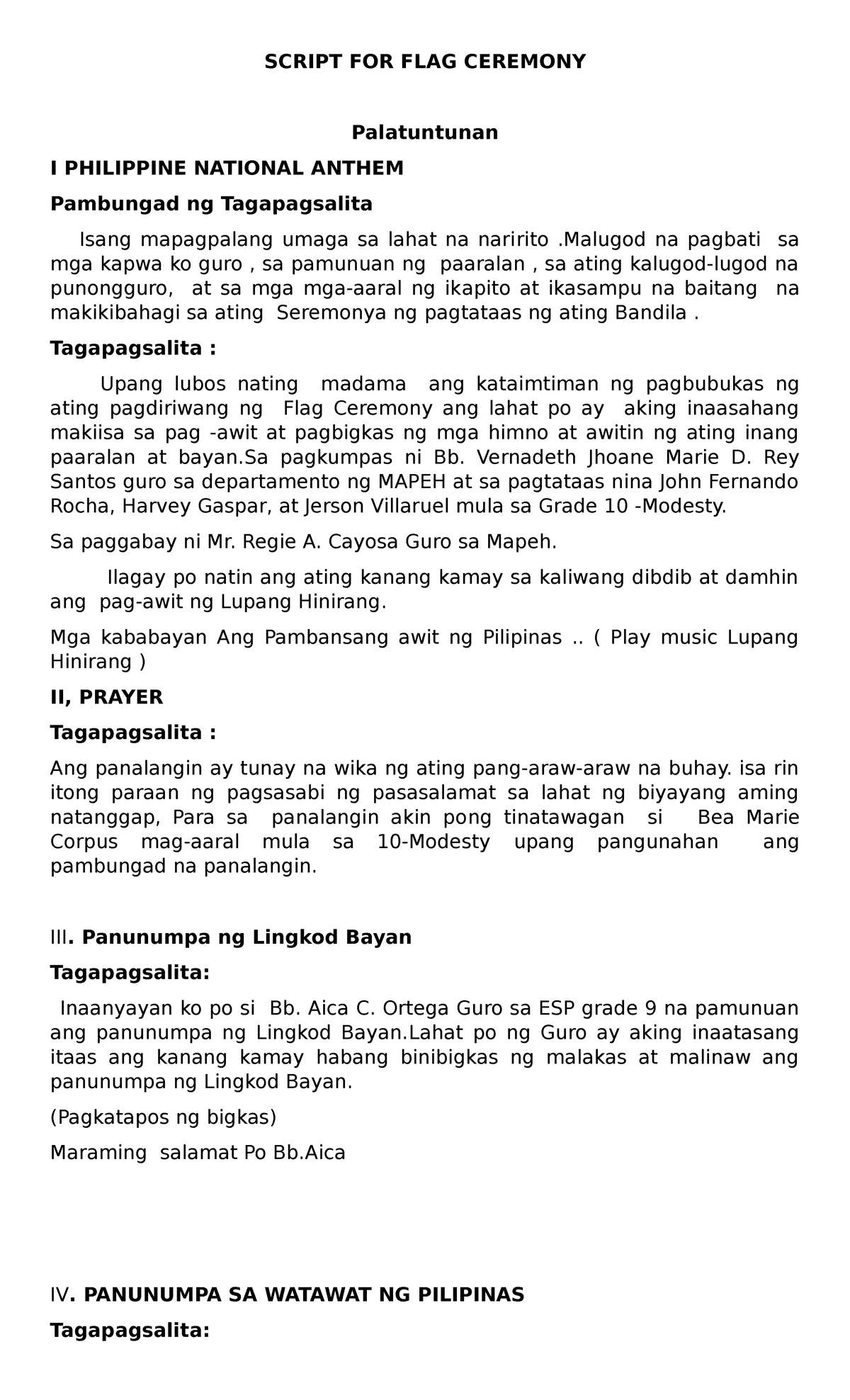 Scrip-SA- MAM GINA's Virtual Flag Ceremony Program Script - Studocu