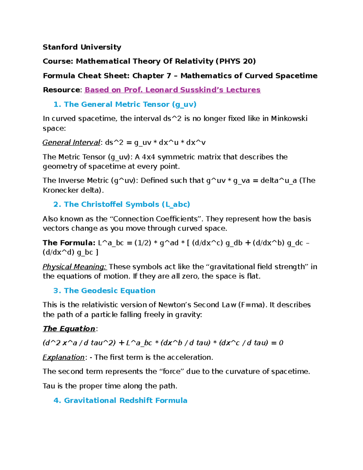 PHYS 20 Final Exam Cheat Sheet: Chapter 7 Curved Spacetime Formulas - Studocu