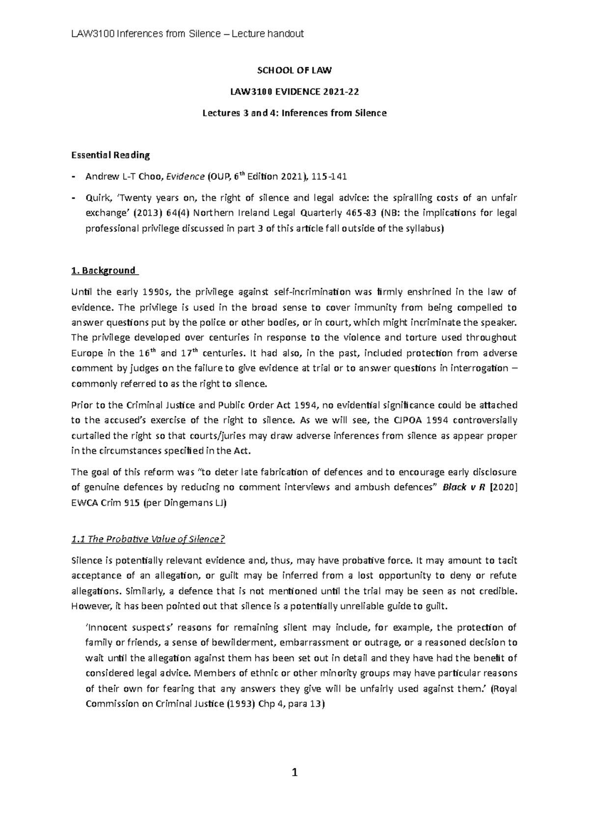 Inferences From Silence (handout) - SCHOOL OF LAW LAW3100 EVIDENCE 2021- Lectures 3 and 4: - Studocu