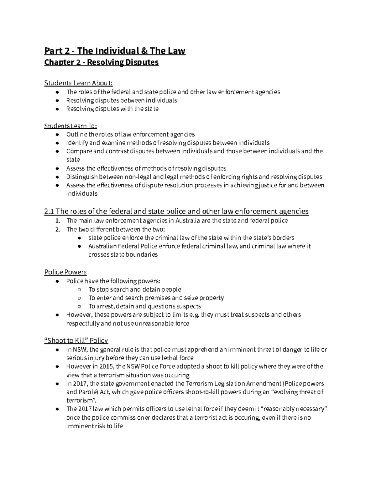 Part 2 - The Individual & The Law: Resolving Disputes Overview - Studocu