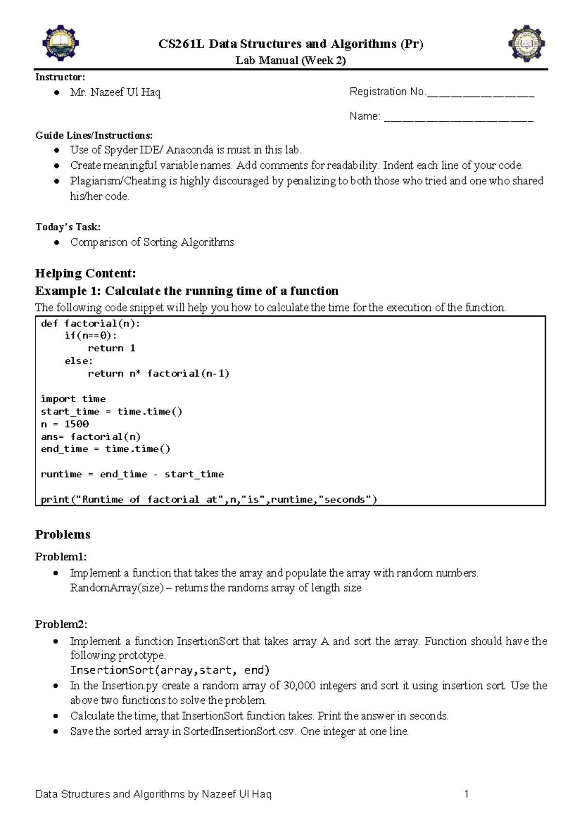 CS261L Data Structures and Algorithms (Pr) Lab Manual - Week 2 - Studocu