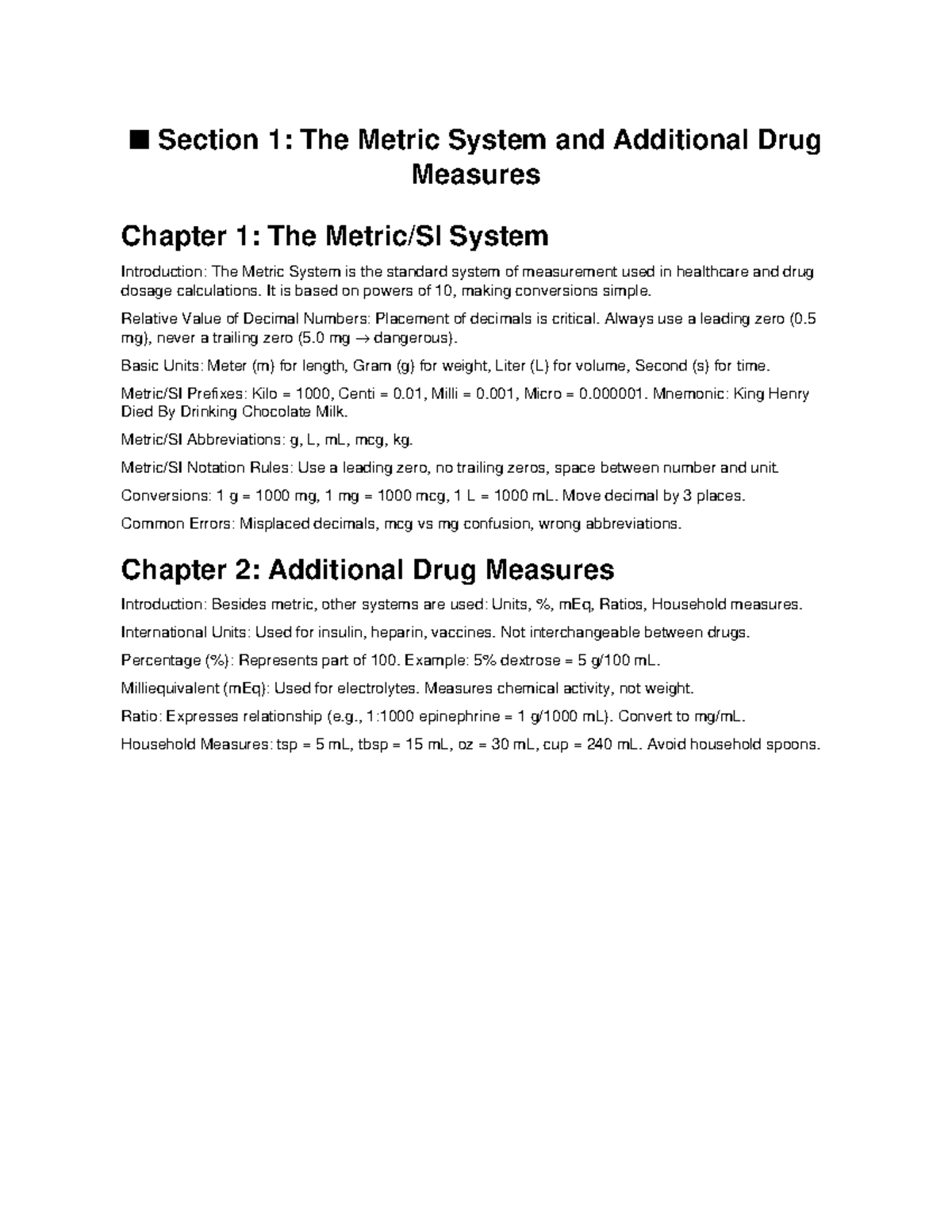 Section 1 Study Guide: Metric System & Drug Measures - Studocu