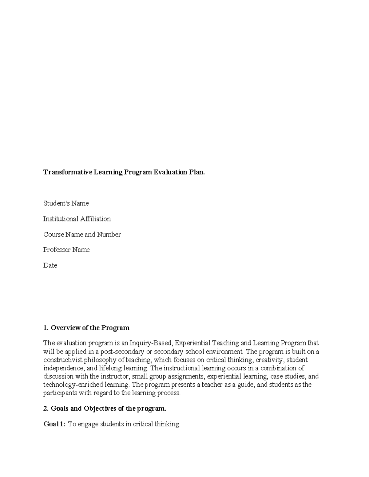 Transformative Learning Program Evaluation Plan (EDU 101) - Studocu