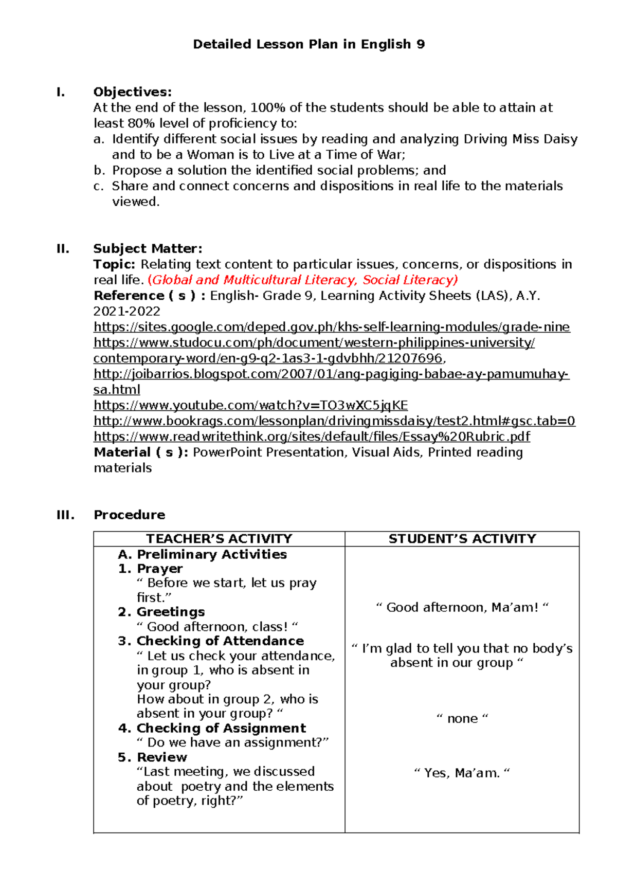 Detailed Lesson Plan: Social Issues in Literature (Eng 9) - Studocu