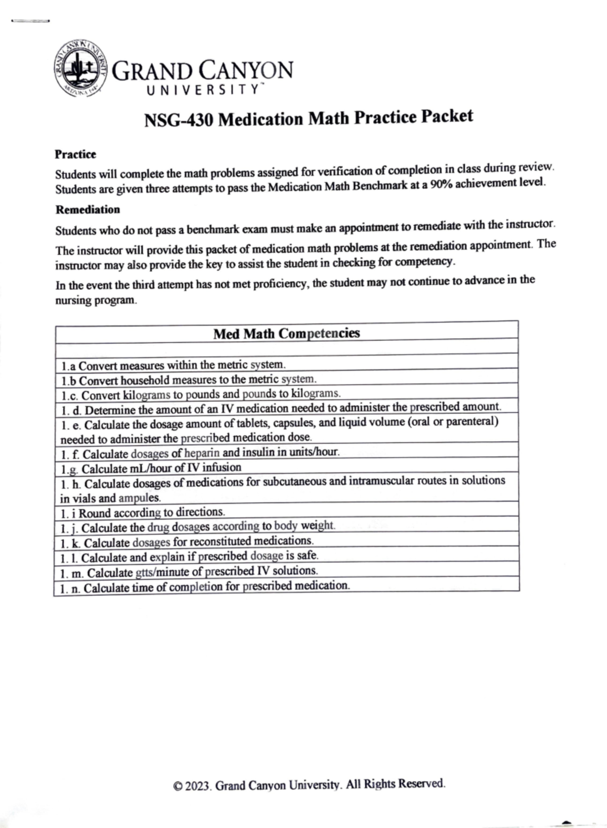 Medication Math Practice Packet: NSG-430 Review and Exercises - Studocu