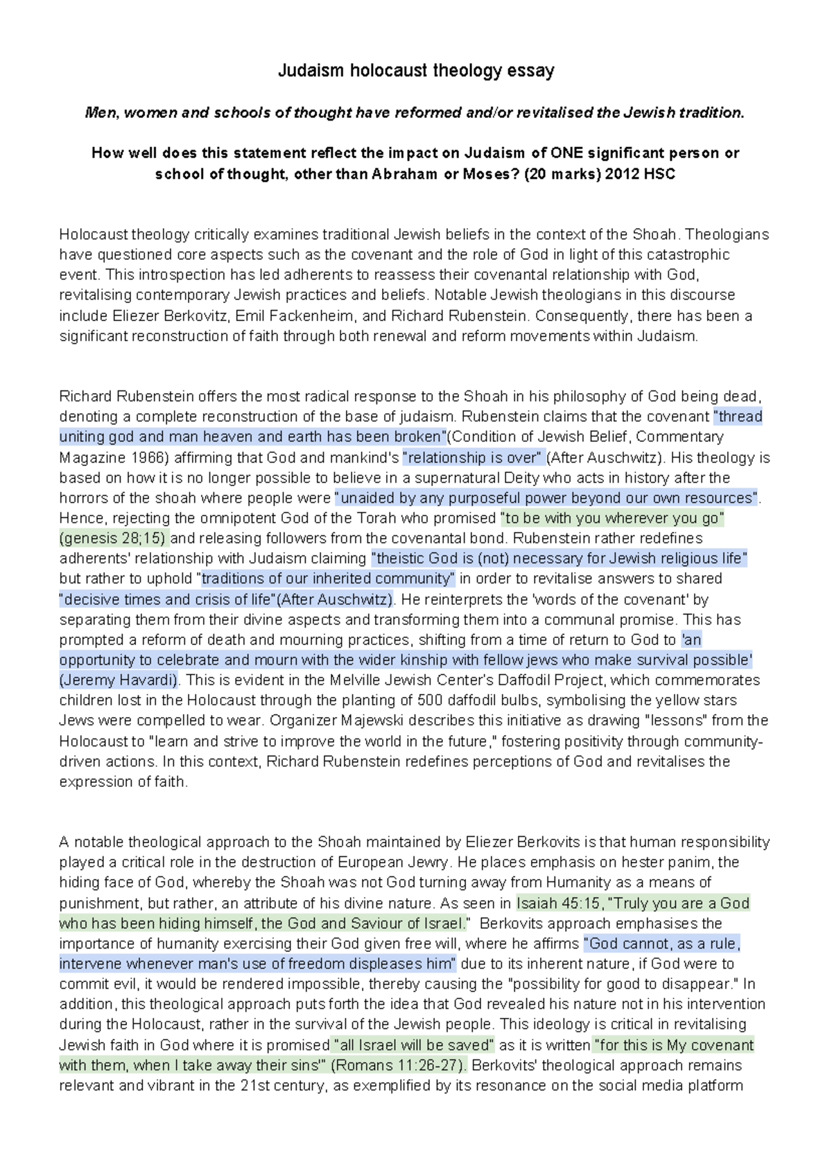 Judaism holocaust theology essay - How well does this statement reflect ...