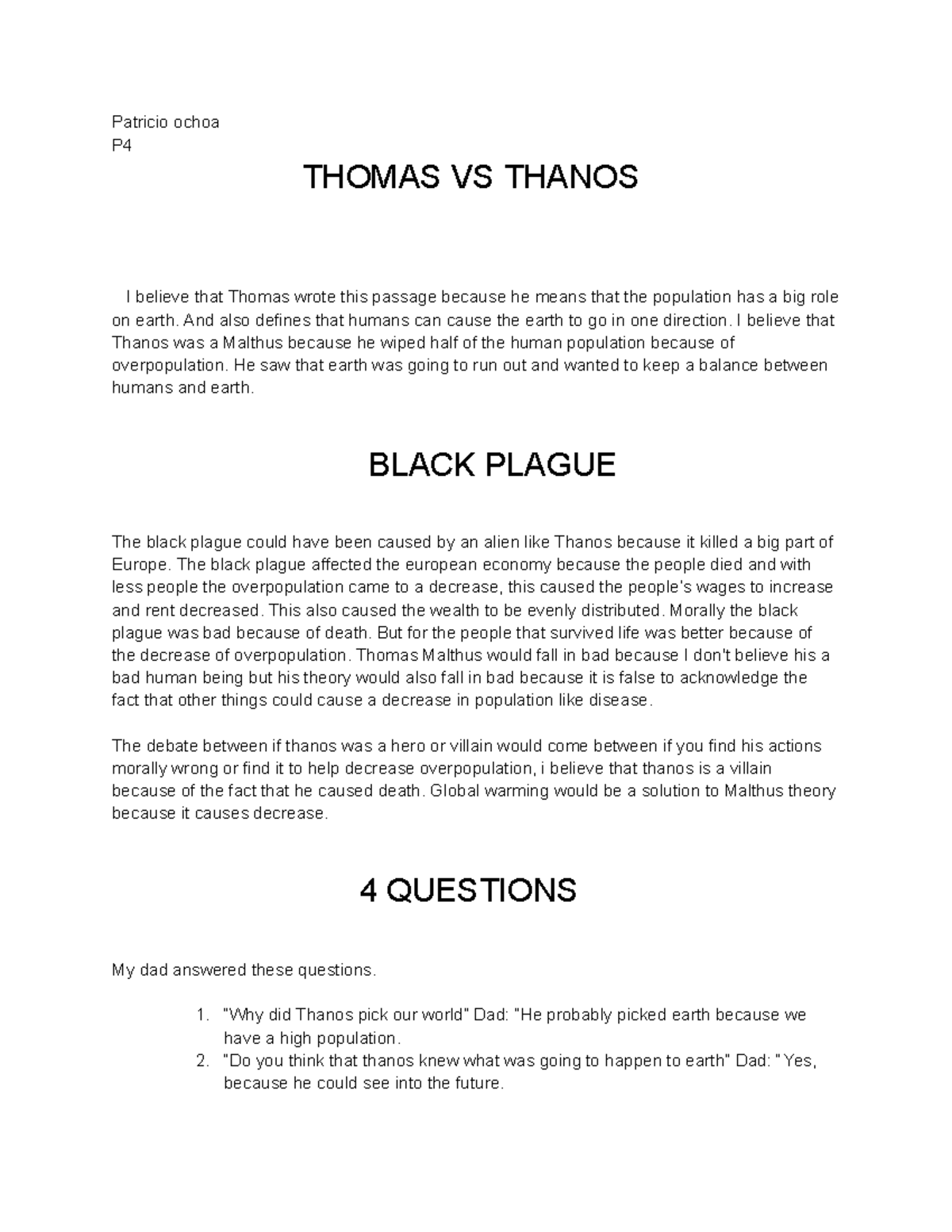 P4 Essay Notes: Thomas vs. Thanos & Malthusian Theory Analysis - Studocu