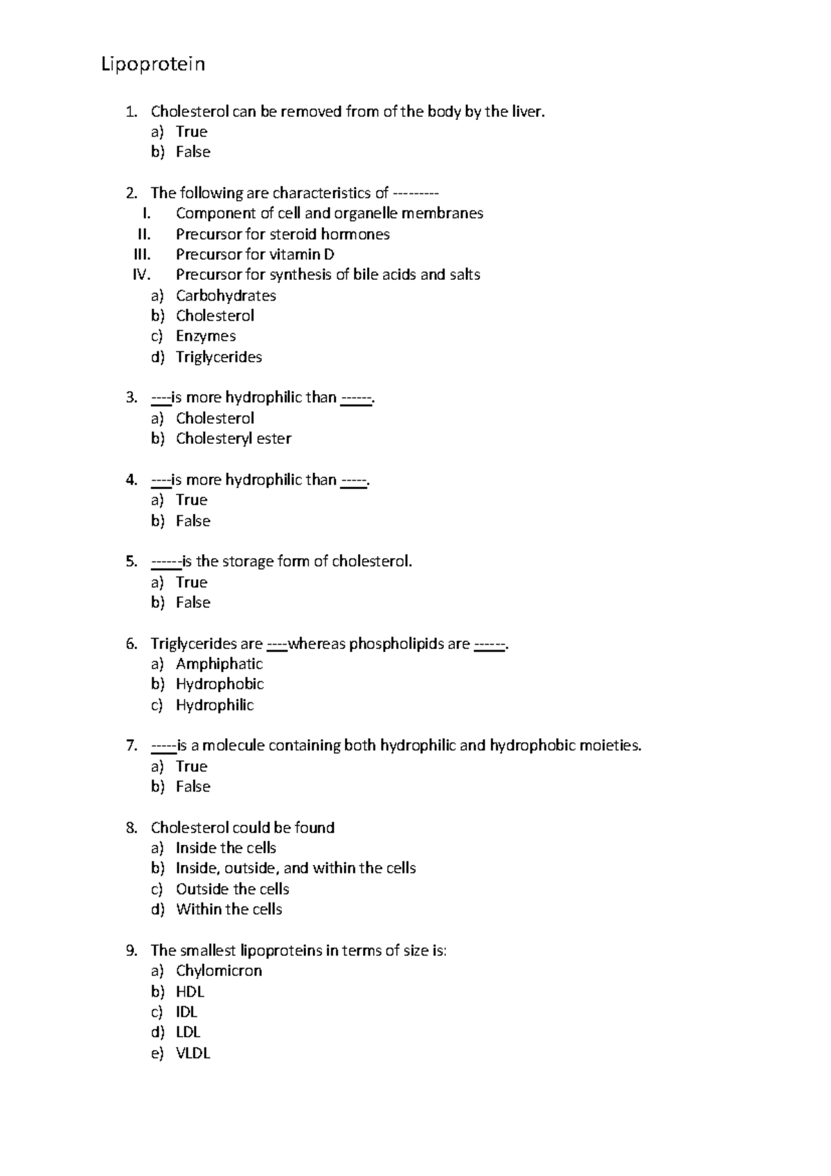 Biochemistry: Lipoprotein MCQs for Exam Preparation - Studocu