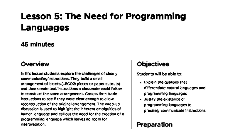 CSP Lesson 5: Understanding the Need for Programming Languages - Studocu