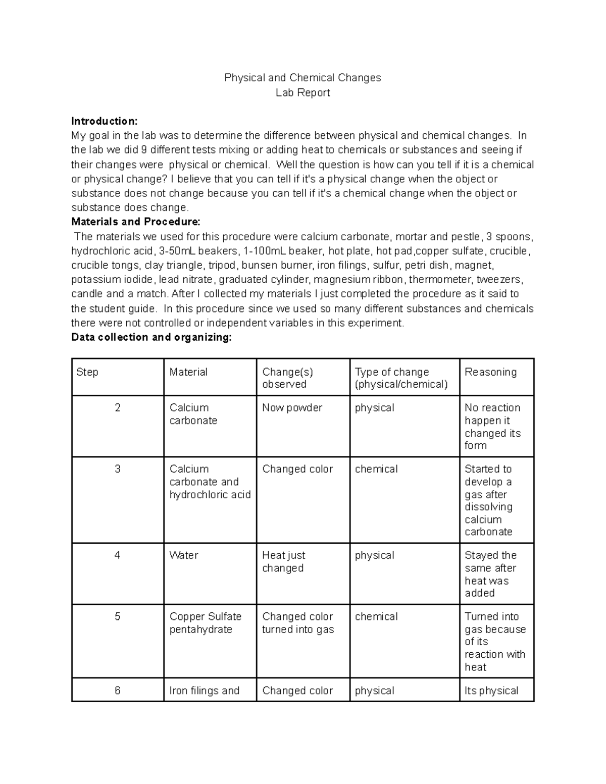 Lab Report: Understanding Physical vs Chemical Changes in Chemistry ...
