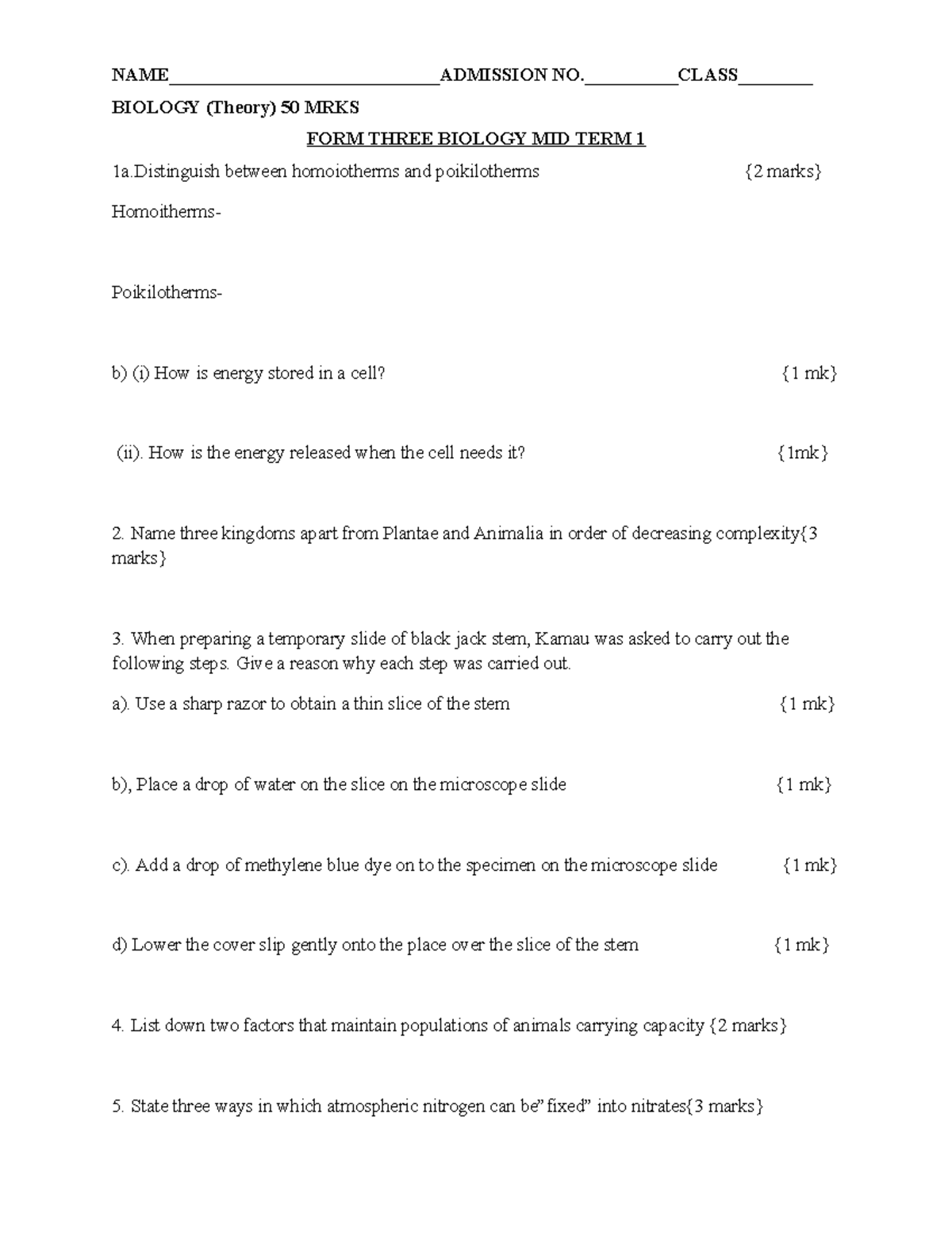 Form 3 Biology Mid Term 1 Quiz - BIO F3 QS - Study Notes - Studocu