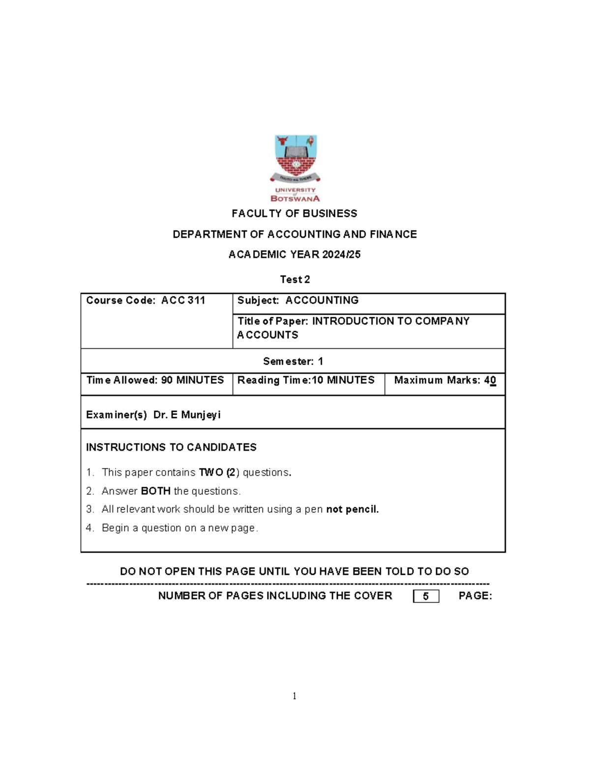 ACC 311 Test 2: Introduction to Company Accounts Exam Paper - Studocu