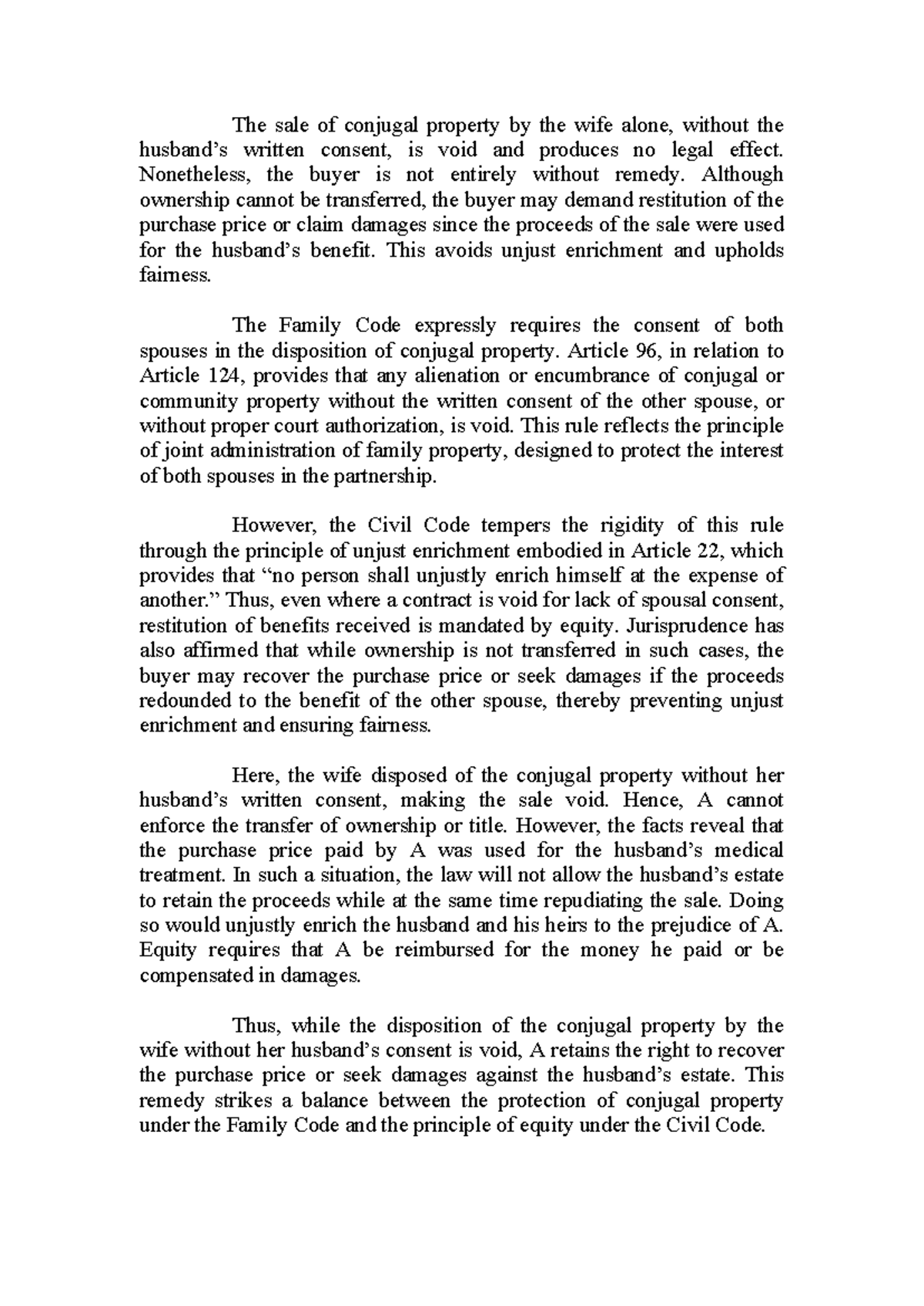 Family Law Case Study: Conjugal Property Sale Without Consent - Studocu