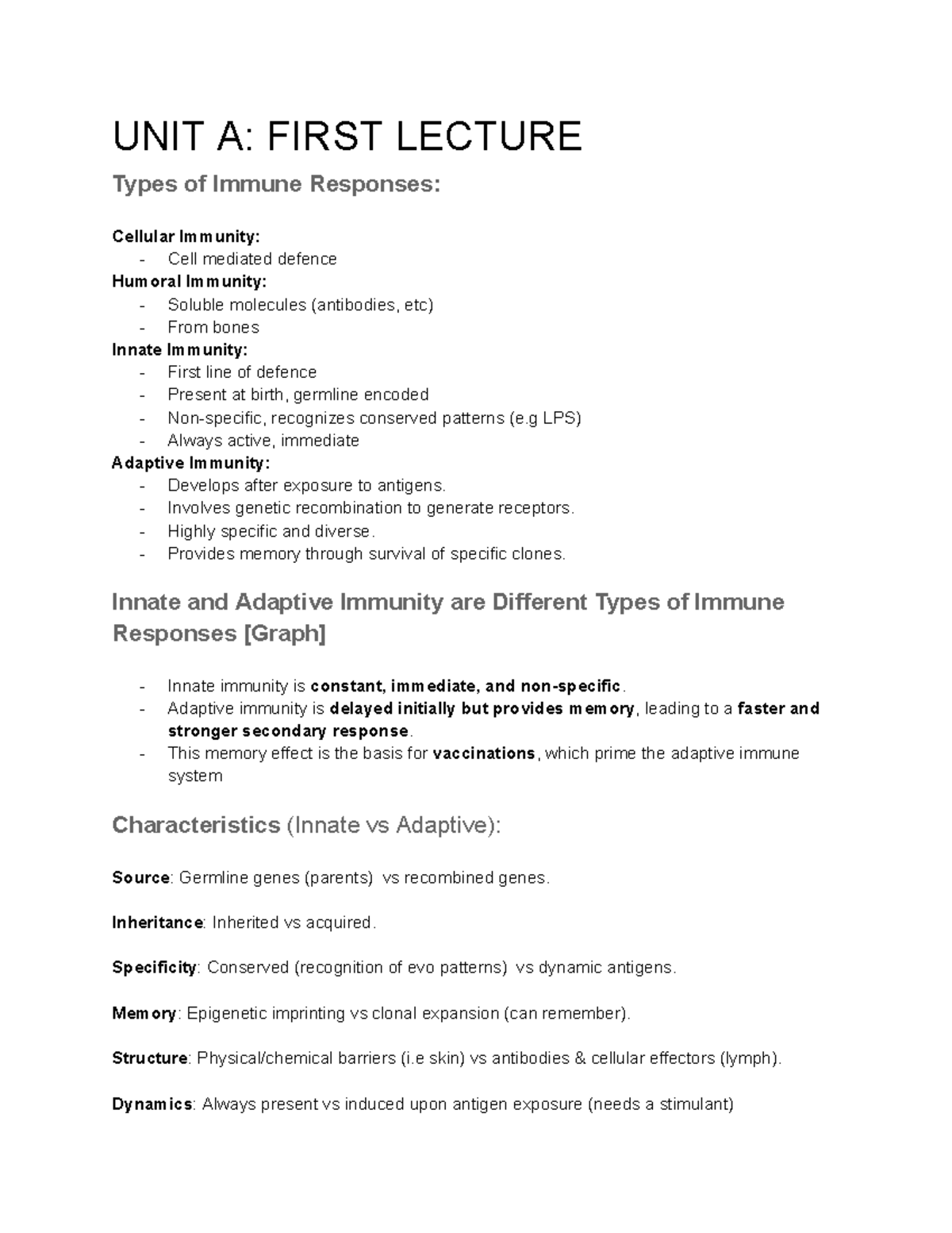 Immunology Notes: Types of Immune Responses and Key Concepts - Studocu