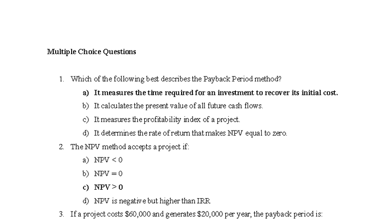 Multiple Choice Questions on Payback Period & NPV Methods (FIN 101 ...