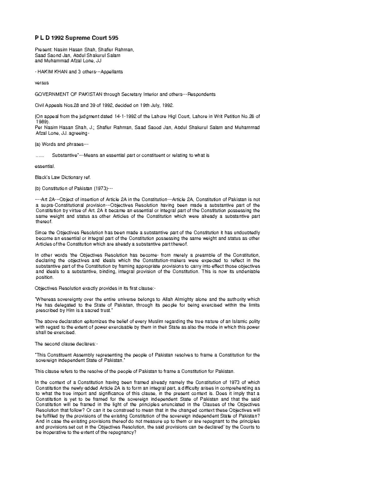 PLD 1992 SC 595: Analysis of Article 2A and Constitutional ...