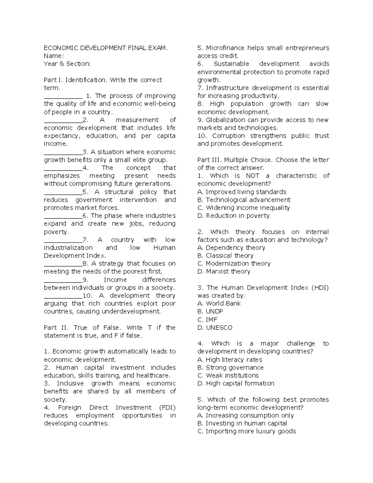 ECON 101: Economic Development Final Exam Review Guide - Studocu