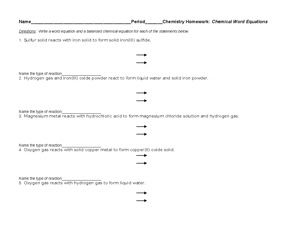 Homework: Balancing Chemical Word Equations Worksheet - Studocu
