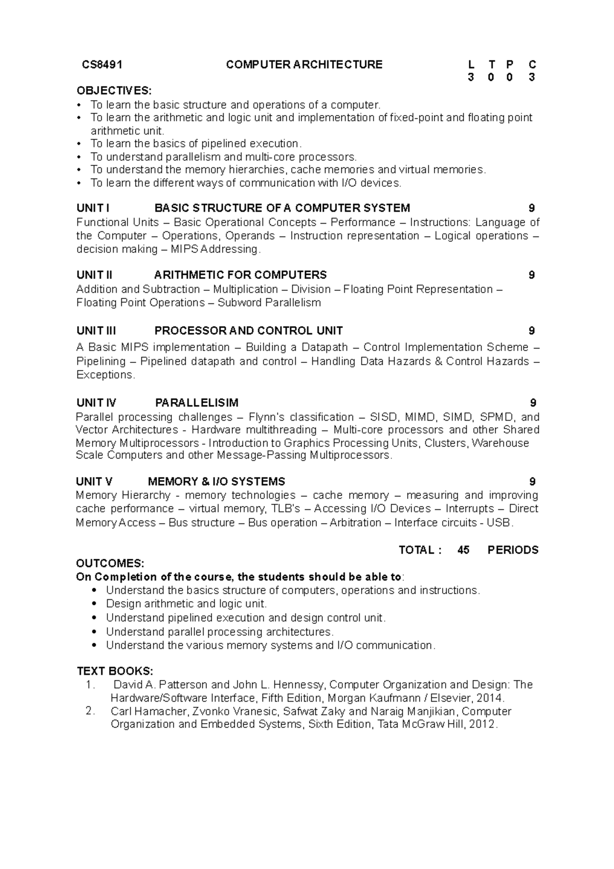 CS8491 Computer Architecture - Lecture Notes Unit 5 Overview - Studocu