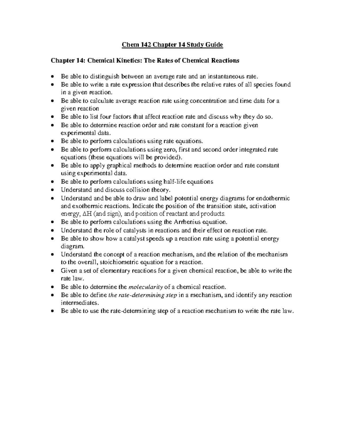 Chem 142 Exam #2 Review: Chemical Kinetics Summary Guide - Studocu