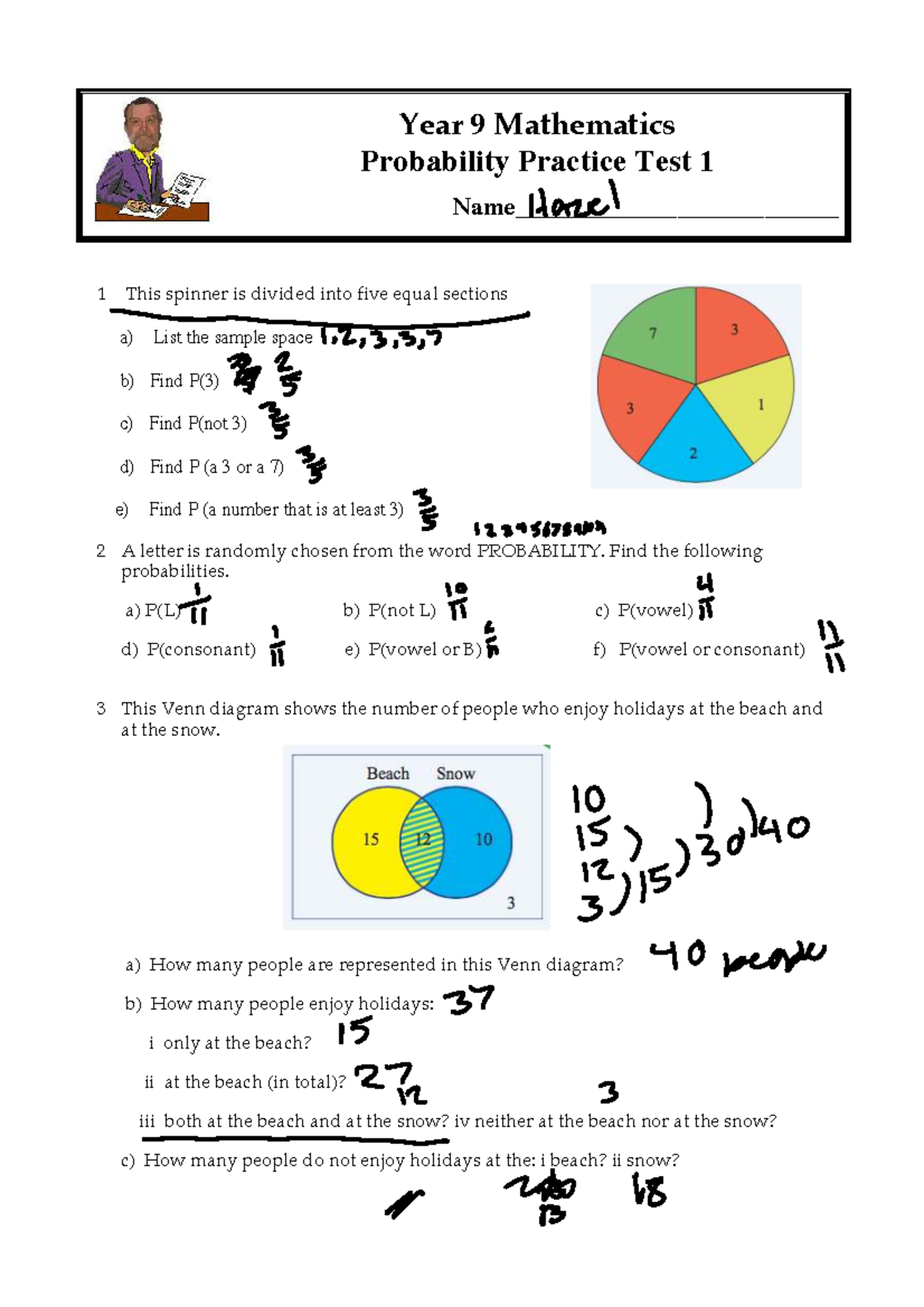 Year 9 Mathematics Probability Practice Test 1 - Studocu