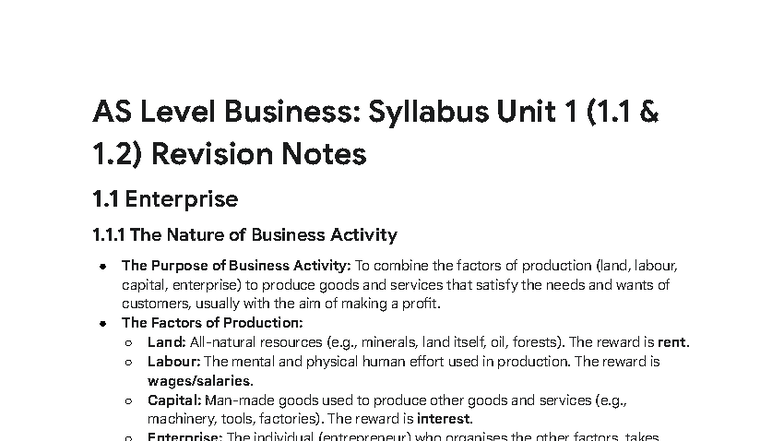 AS Level Business: Unit 1 Revision Notes on Enterprise & Ownership ...