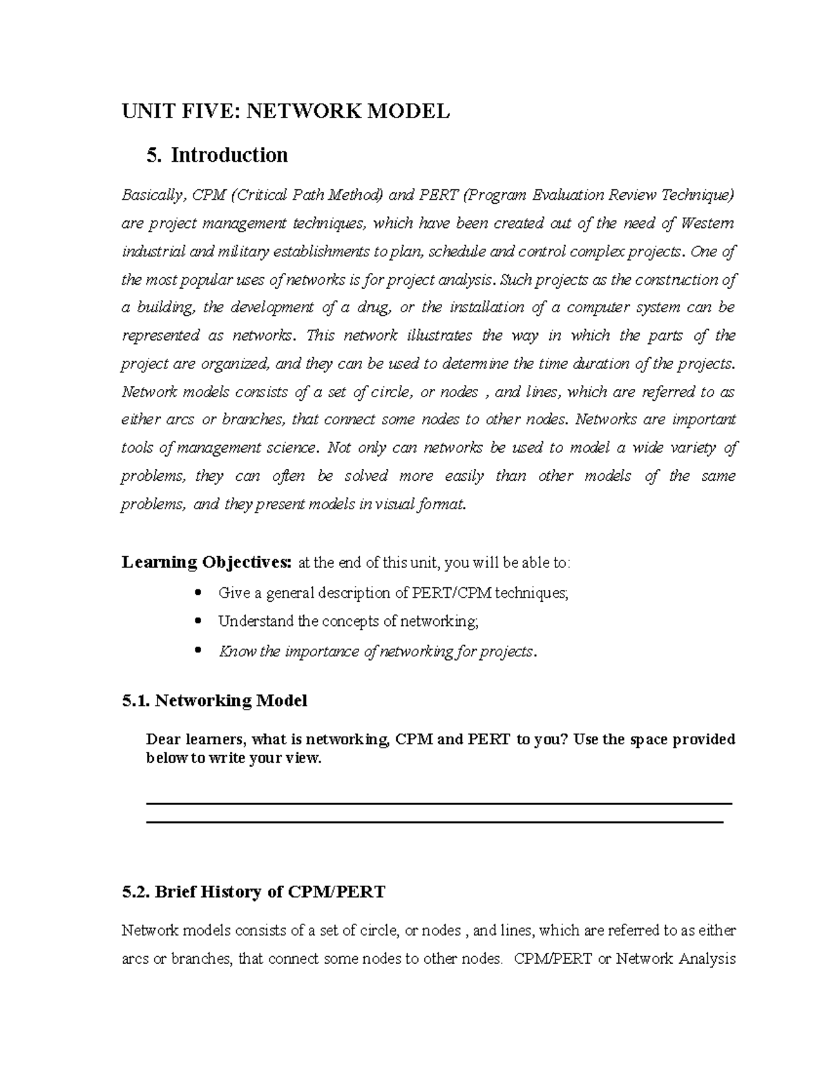 UNIT FIVE Network Model - UNIT FIVE: NETWORK MODEL 5. Introduction ...