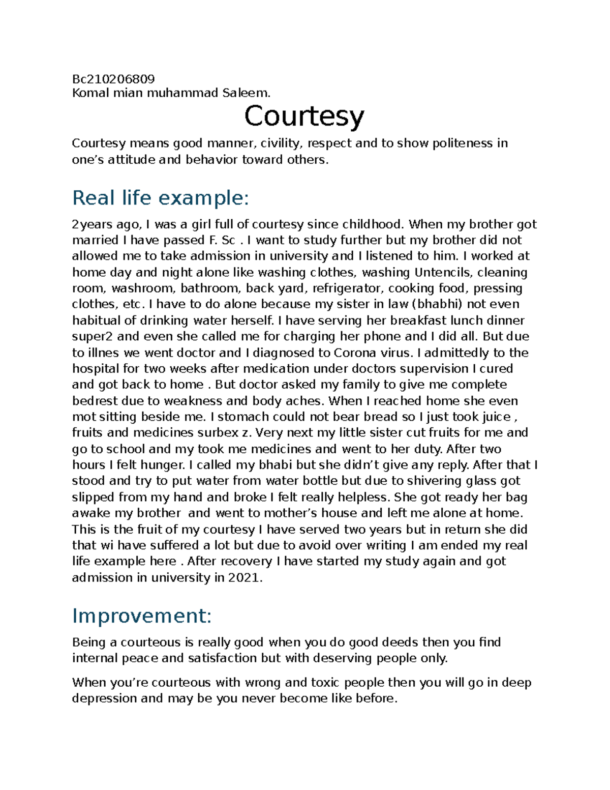 Bc210206809 Essay on Courtesy: Personal Experiences and Reflections ...
